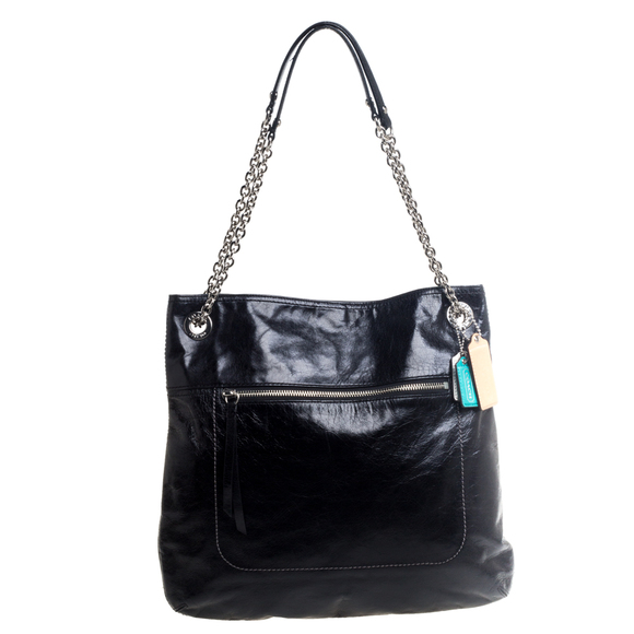 Coach | Bags | Coach Black Crackled Leather Chain Tote | Poshmark